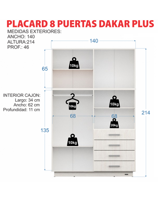 Placard 8 Puertas 4 Cajones DAKAR PLUS - Blanco